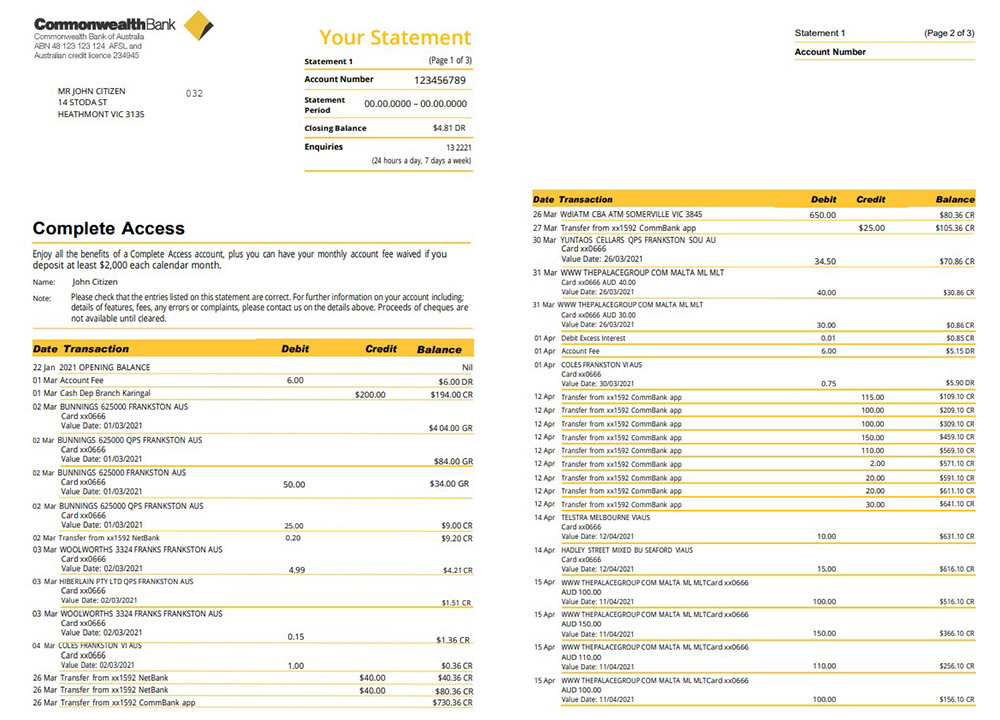 Australia Commonwealth Bank Statement, In Word And Pdf (3 Pages ...