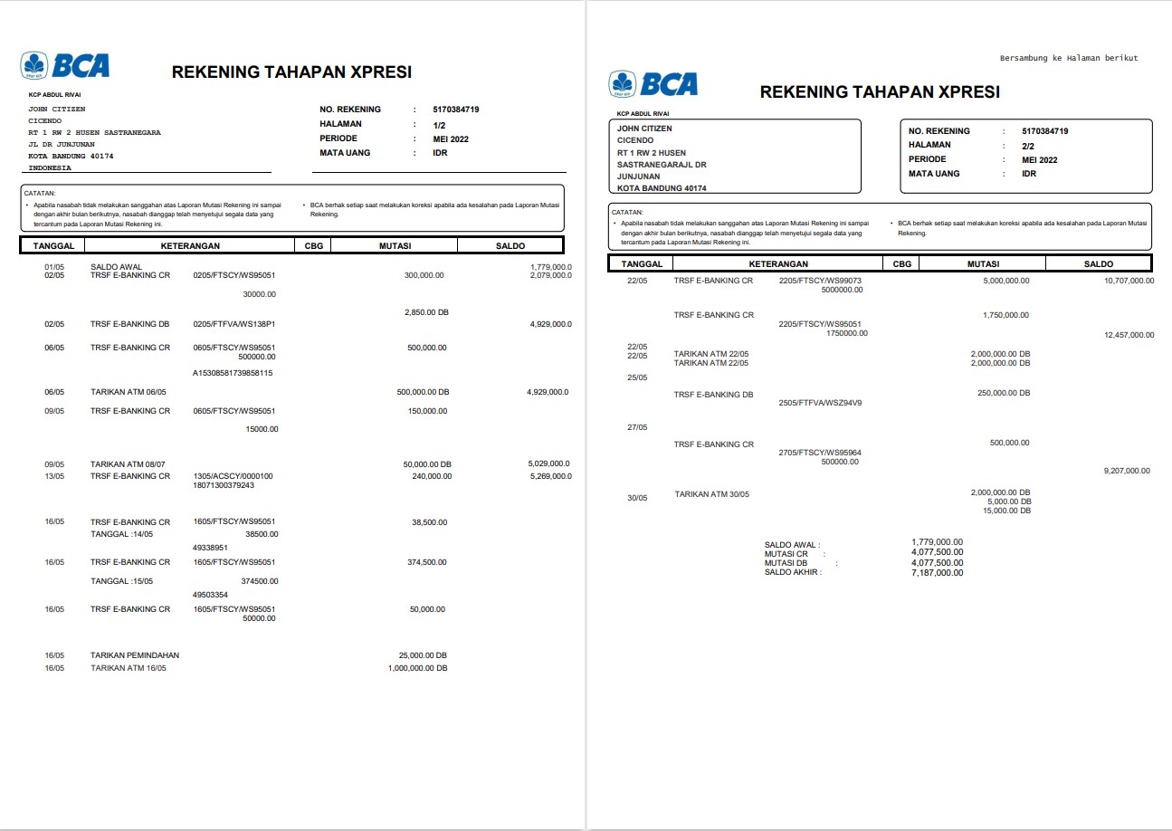 Indonesia Bank Statement Templates - BankStatements.net