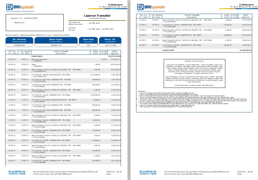 Indonesia Bank Statement Templates - BankStatements.net