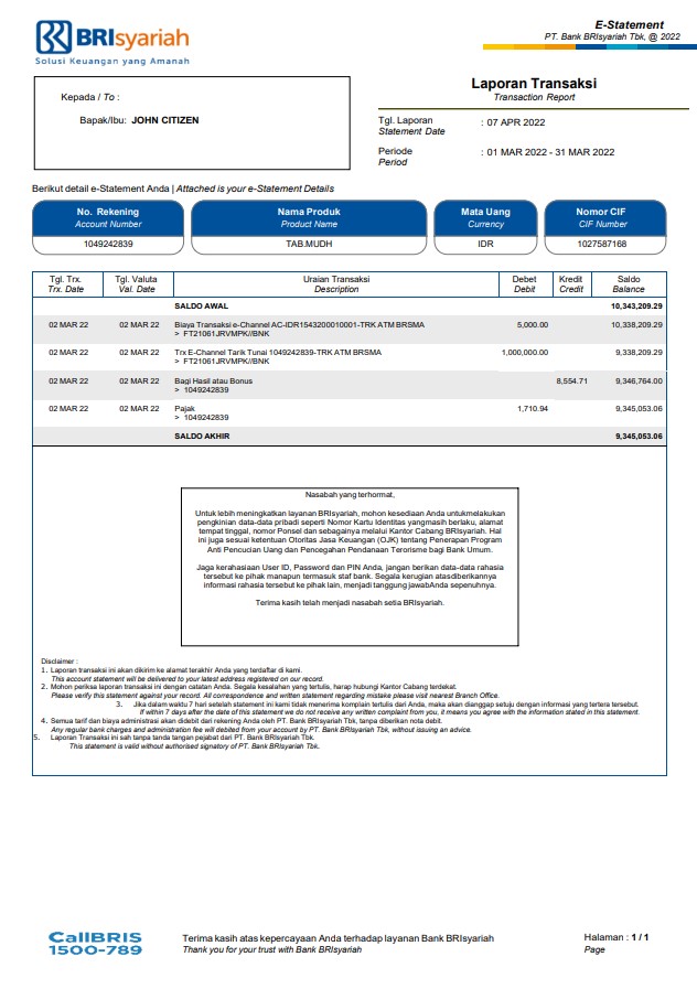 Indonesia Bank Statement Templates - BankStatements.net