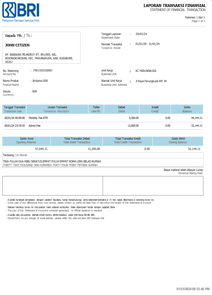 Indonesia Bank Bri Statement Word And Pdf Template (100% Free ...