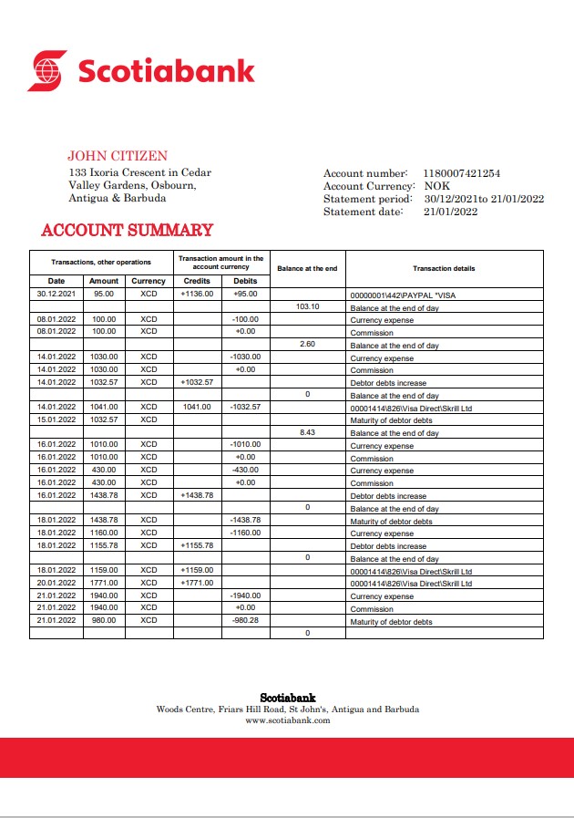 Antigua And Barbuda Scotiabank Bank Statement Template (100% Free ...
