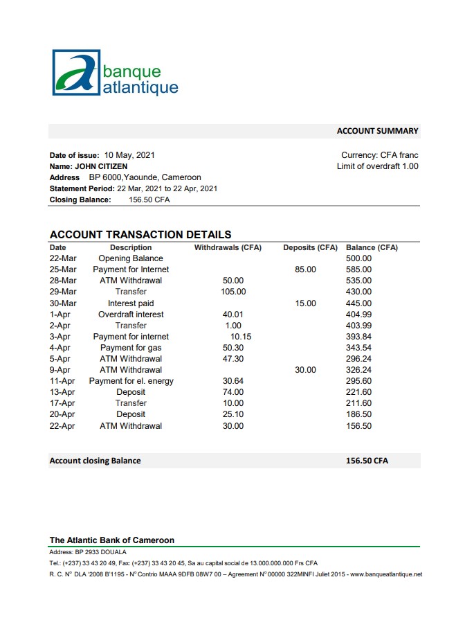 Cameroon Atlantic Bank Excel Template (100% Free) - BankStatements.net