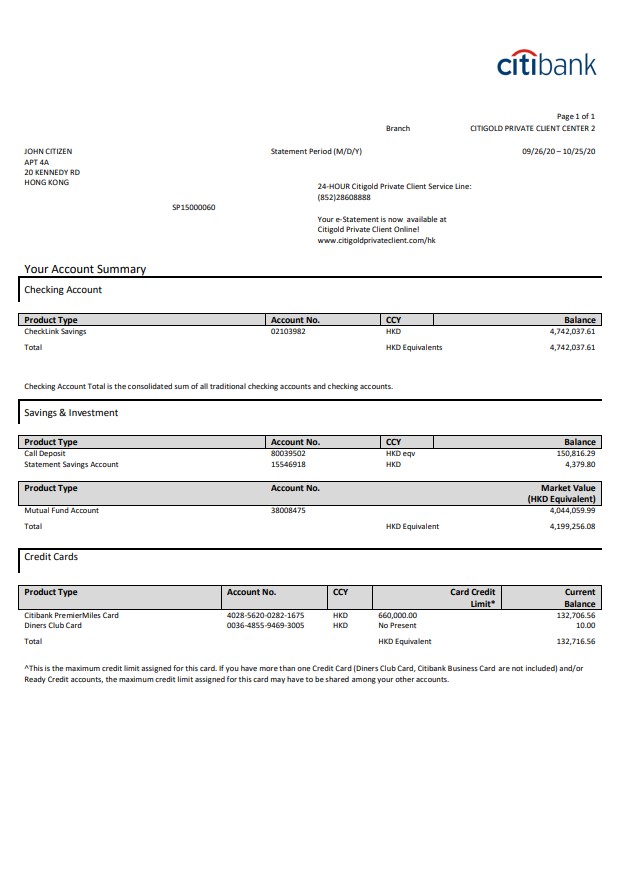 Hong Kong Citibank Credit Card Statement Template (100% Free ...