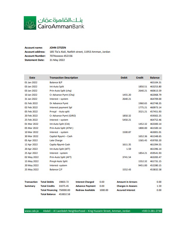 Jordan Cairo Amman Bank Statement Template (100% Free) - BankStatements.net