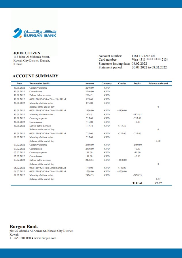 Kuwait Burgan Bank Statement Template (100% Free) - BankStatements.net