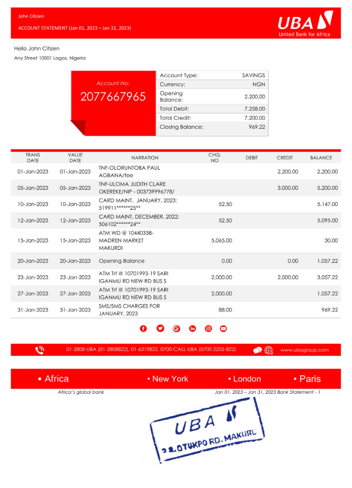 Nigeria Uba Bank Statement, Version 2 Template (100% Free ...