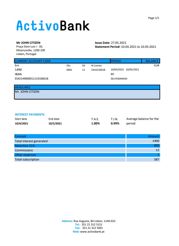 Portugal Activobank S.A. Bank Statement Template (100% Free ...