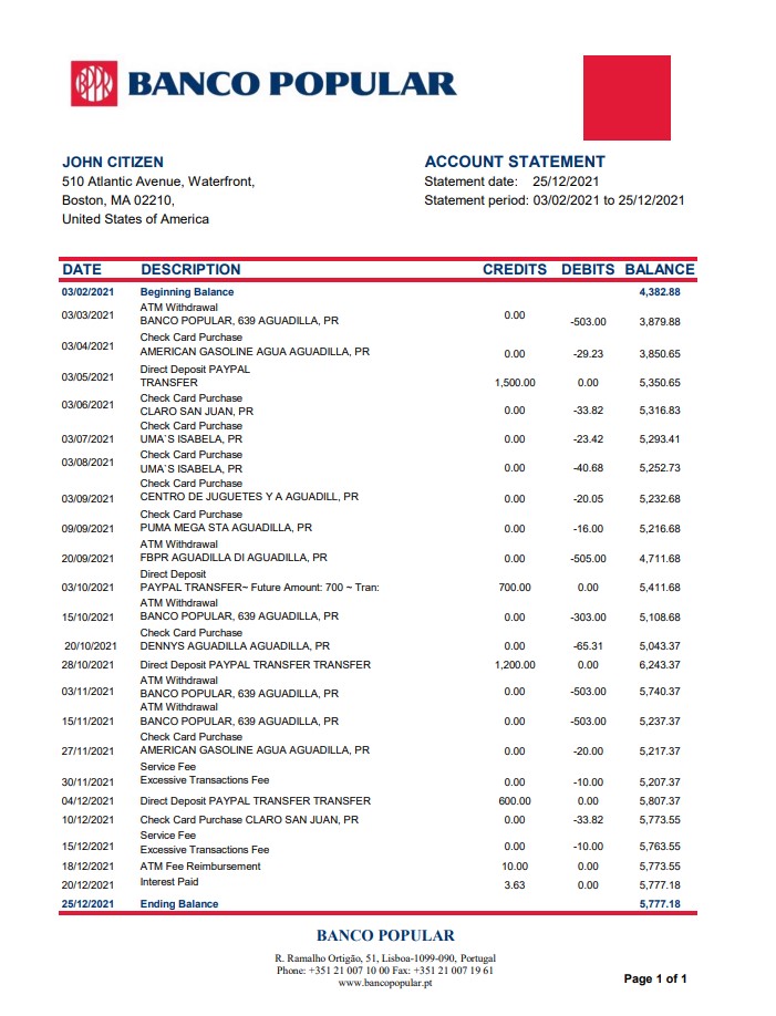 Portugal Banco Popular Bank Statement Template (100% Free ...