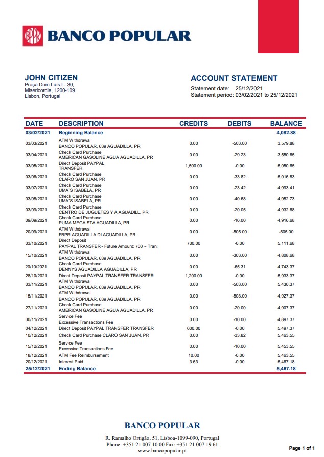 Portugal Banco Popular Bank Statement Template (100% Free ...