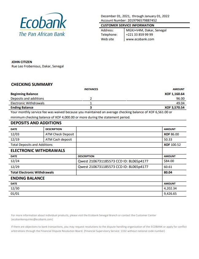 Senegal Ecobank Bank Statement Template (100% Free) - BankStatements.net