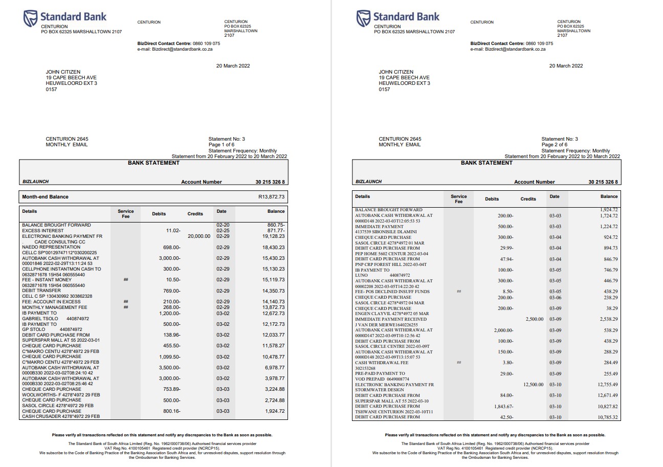 South Africa Standard Bank Statement 6 Pages Template (100% Free ...