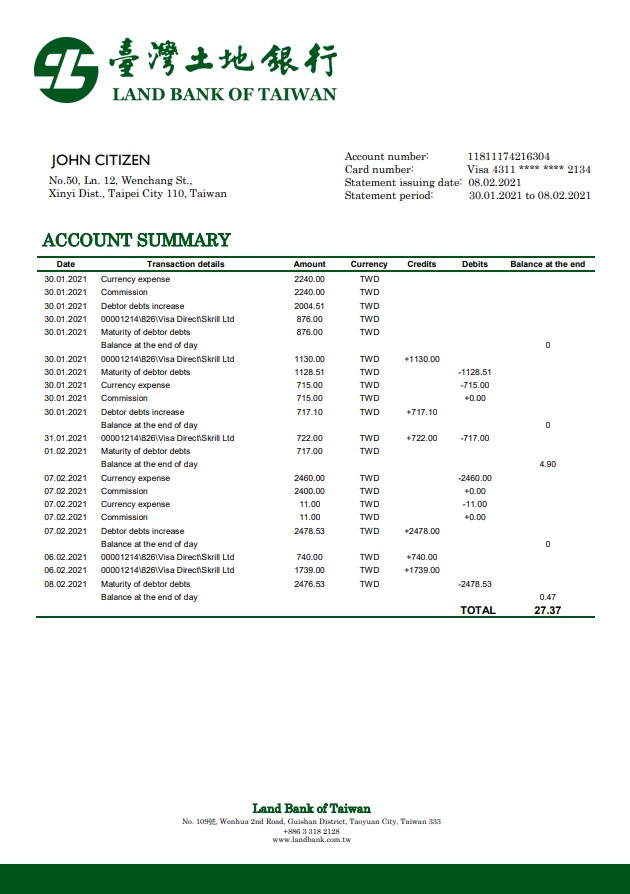 Taiwan Land Bank Of Taiwan Bank Statement Template (100% Free ...