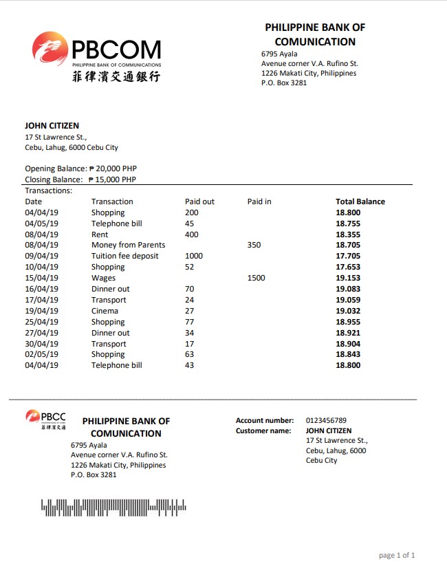 Philippines Bank Statement Templates - BankStatements.net
