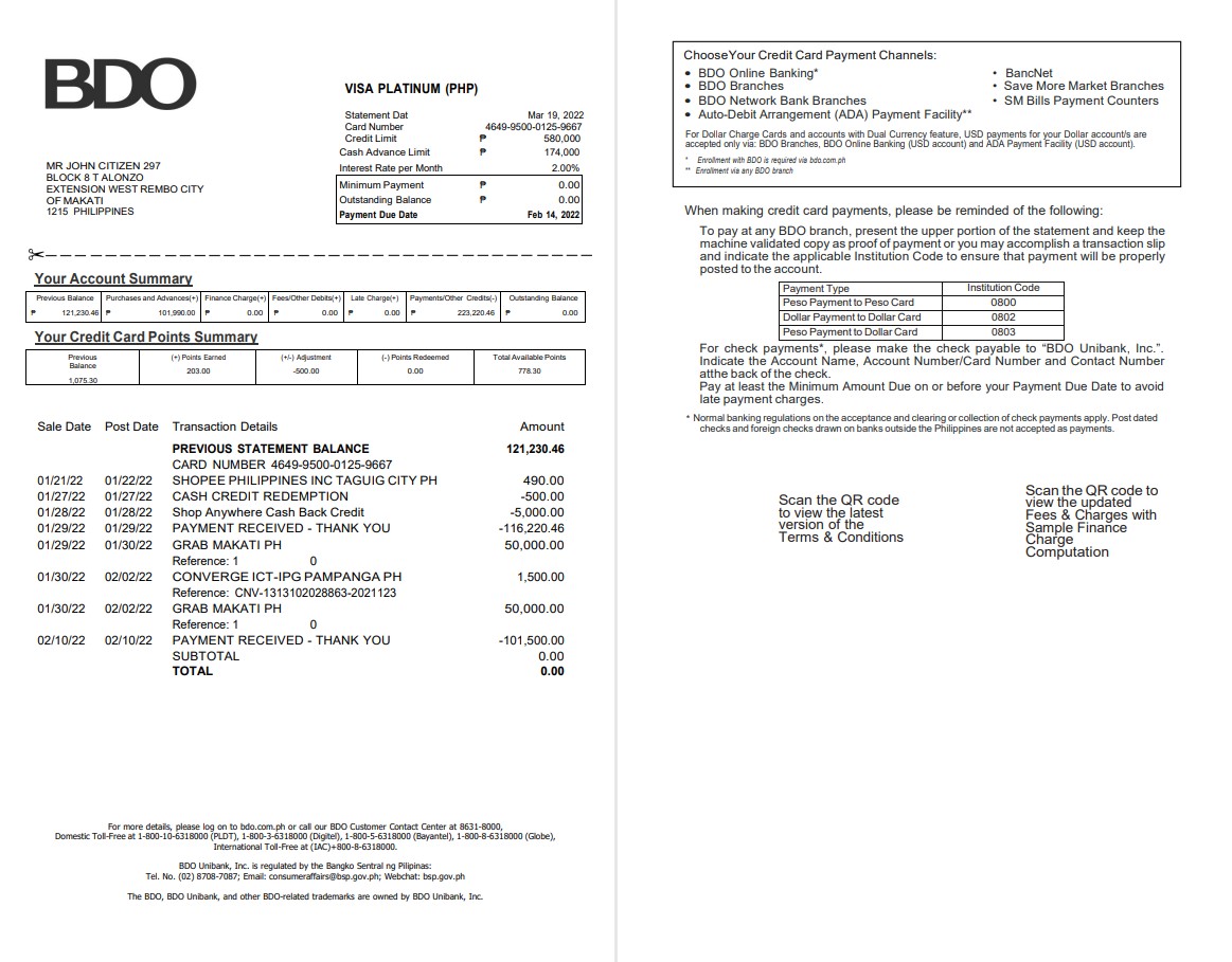 Philippines Bank Statement Templates - BankStatements.net