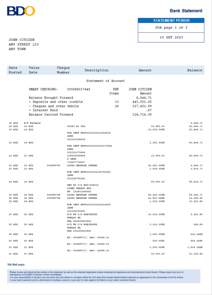 Philippines Bank Statement Templates - BankStatements.net