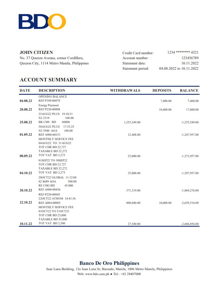 Philippines Bank Statement Templates - BankStatements.net