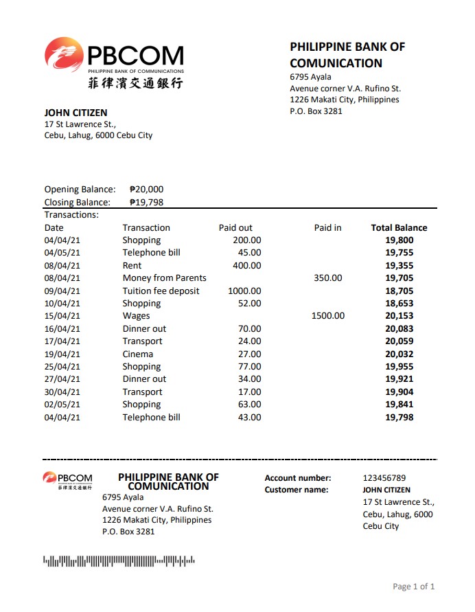Philippines Bank Statement Templates - BankStatements.net