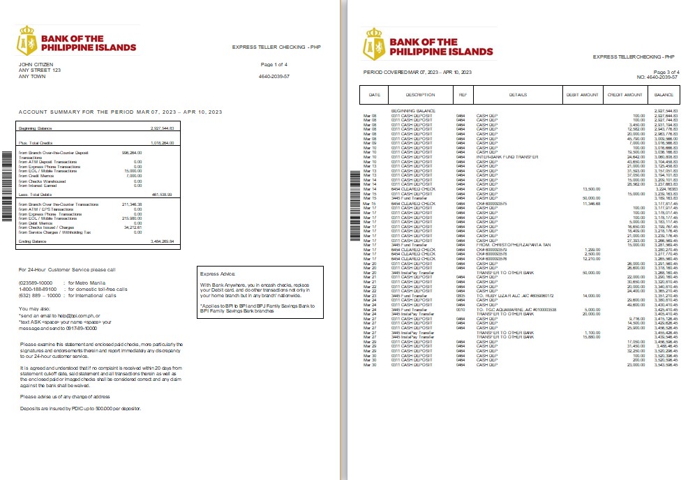 Philippines Bank Statement Templates - BankStatements.net