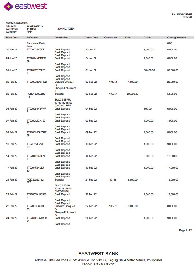 Philippines Bank Statement Templates - BankStatements.net