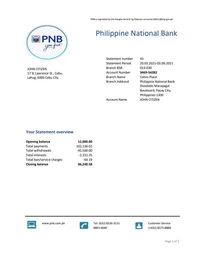 Philippines Bank Statement Templates - BankStatements.net