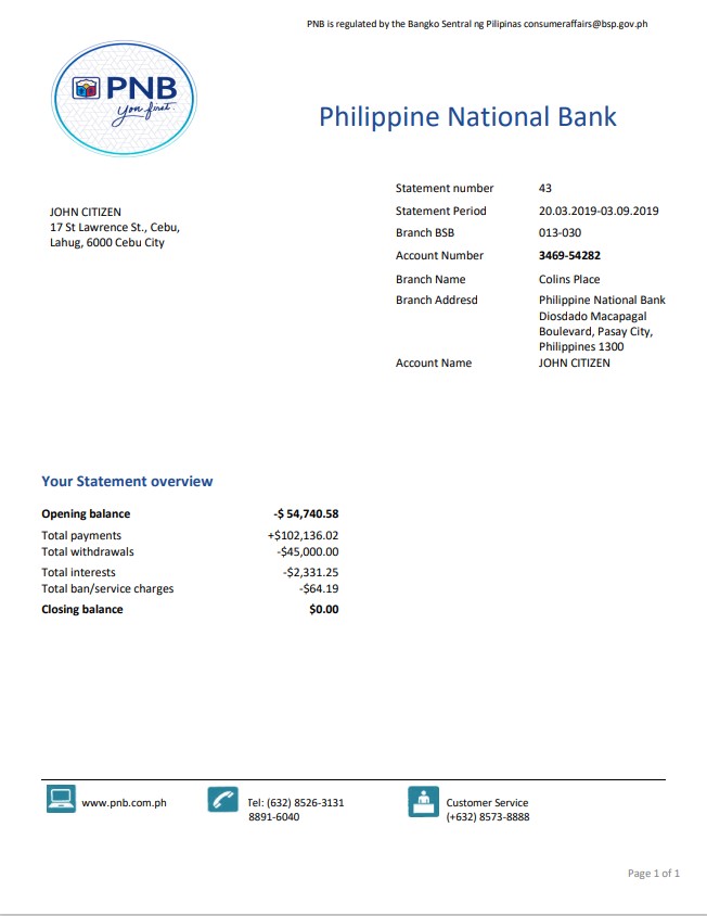 Philippines Bank Statement Templates - BankStatements.net