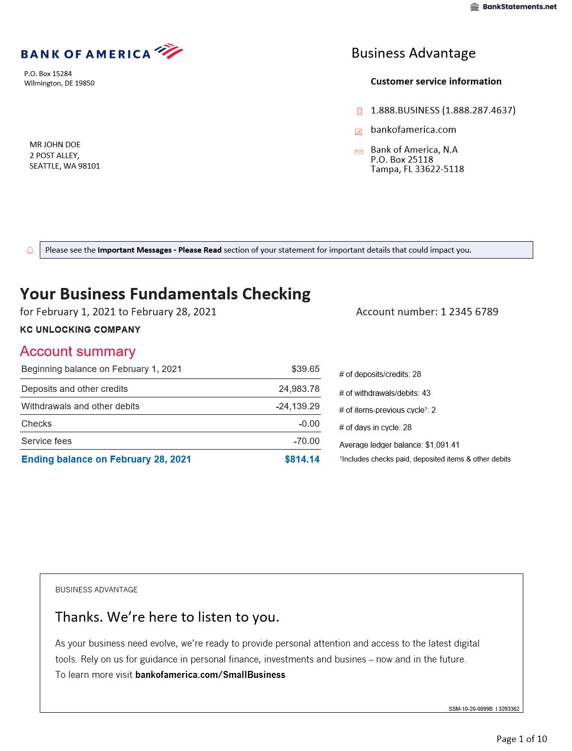 Bank Of America Bank Statement Template 100 Free BankStatements