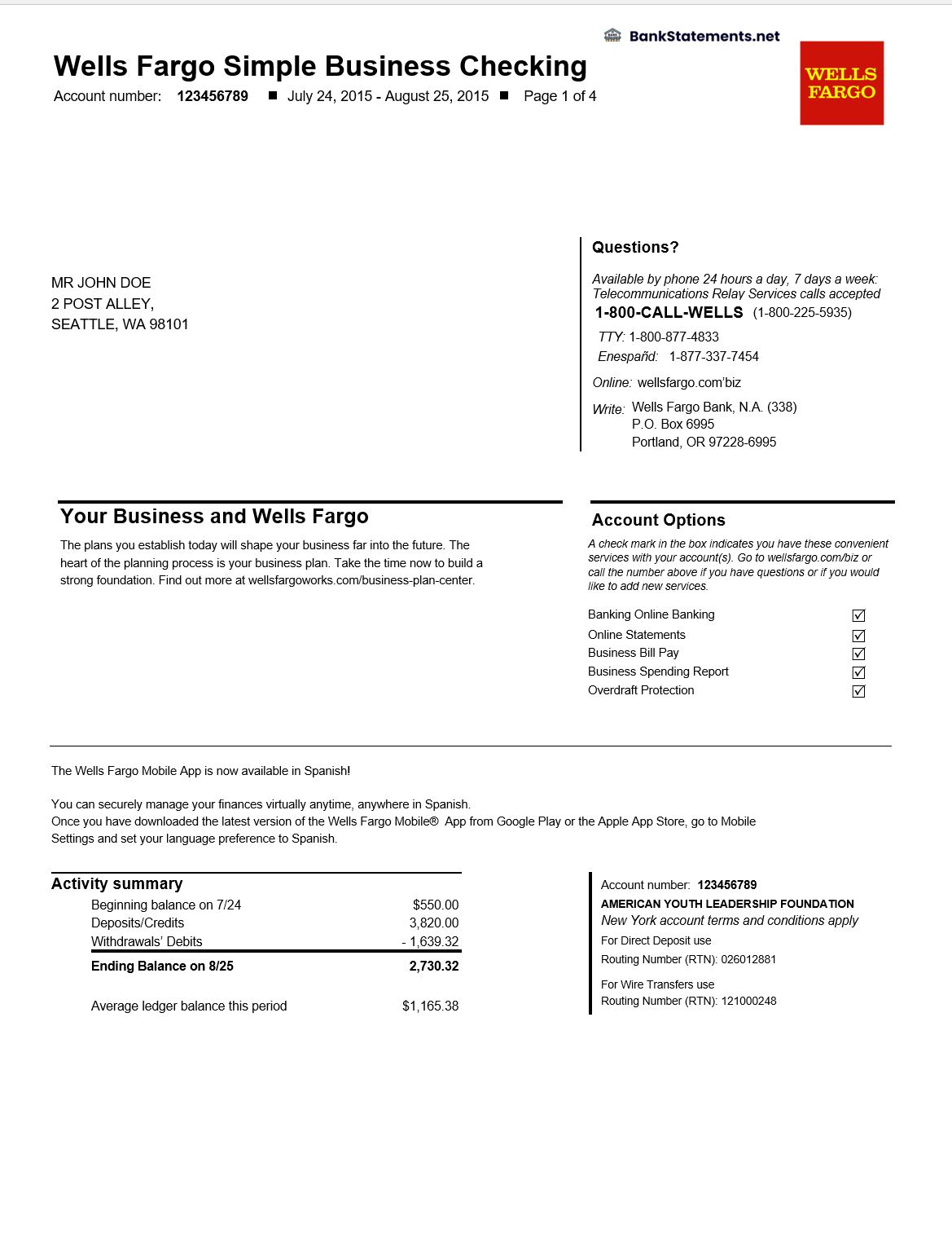 Wells Fargo Bank Statement Template 100 Free BankStatements