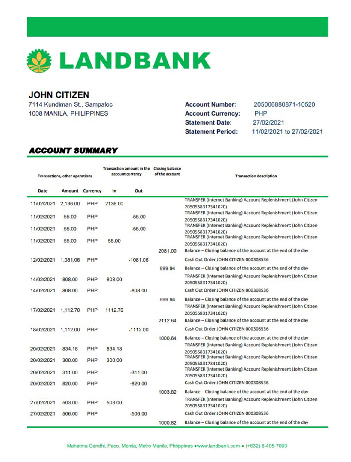 Philipinnes Bank Statement Templates - BankStatements.net